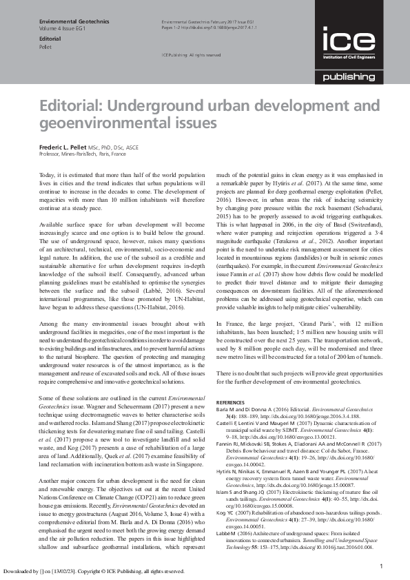 (PDF) Editorial: Underground urban development and geoenvironmental issues
