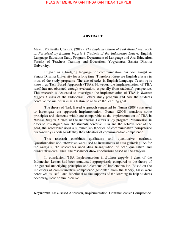 (PDF) The implementation of task-based approach as perceived by Bahasa Inggris 1 students of the ...