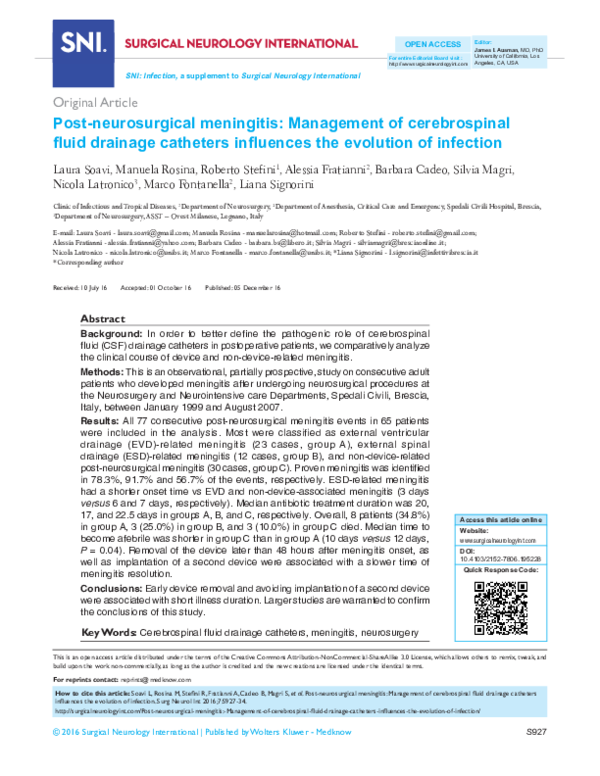 (PDF) Post-neurosurgical meningitis: Management of cerebrospinal fluid ...