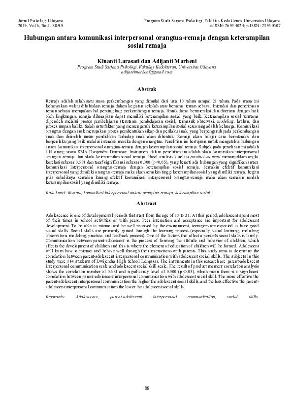 (PDF) Hubungan antara komunikasi interpersonal orangtua-remaja dengan keterampilan sosial remaja
