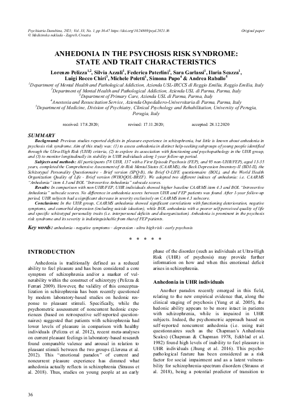 (PDF) Anhedonia in the Psychosis Risk Syndrome: State and Trait ...
