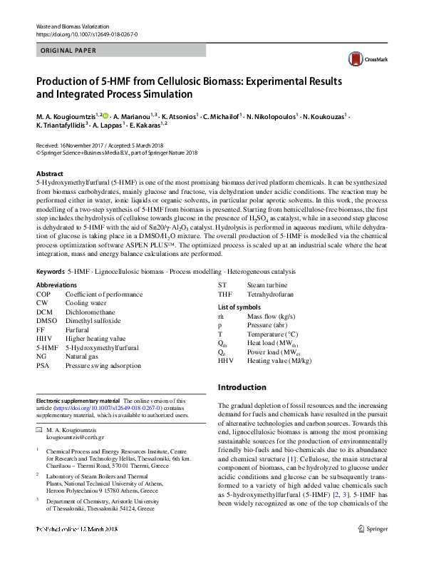 (PDF) Production of 5-HMF from Cellulosic Biomass: Experimental Results and Integrated Process ...