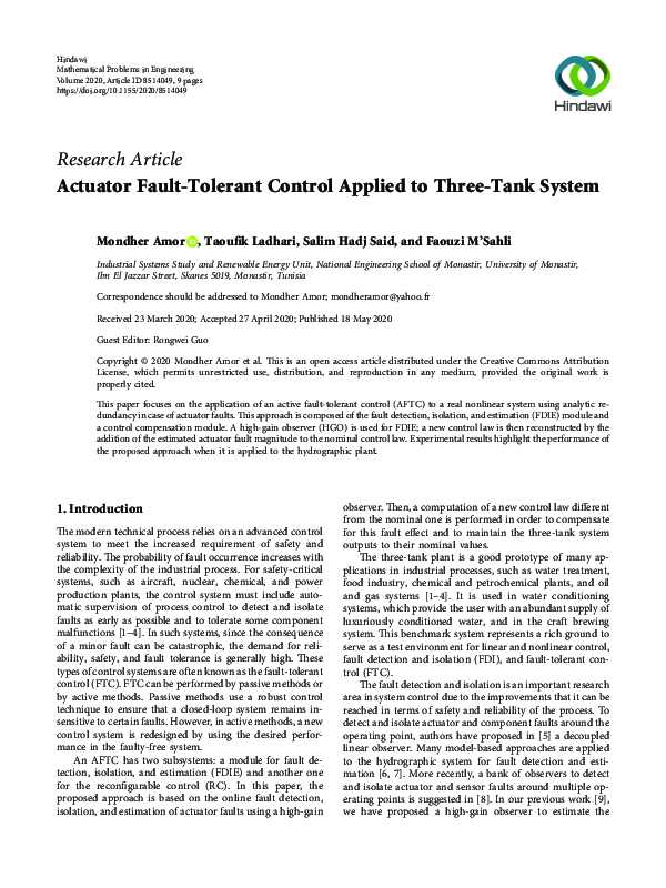 (PDF) Actuator Fault-Tolerant Control Applied to Three-Tank System