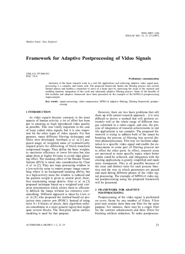 (PDF) Framework for Adaptive Postprocessing of Video Signals