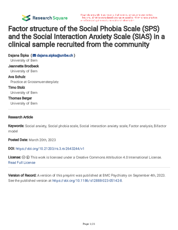 (PDF) Factor structure of the Social Phobia Scale (SPS) and the Social ...