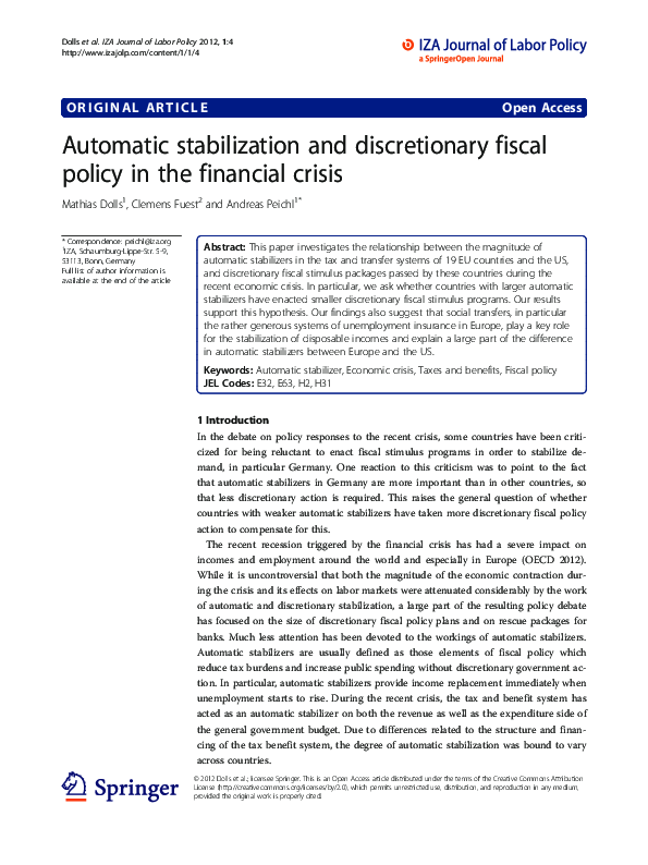 (PDF) Automatic stabilization and discretionary fiscal policy in the ...