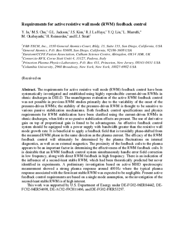 (PDF) Requirements for active resistive wall mode (RWM) feedback control