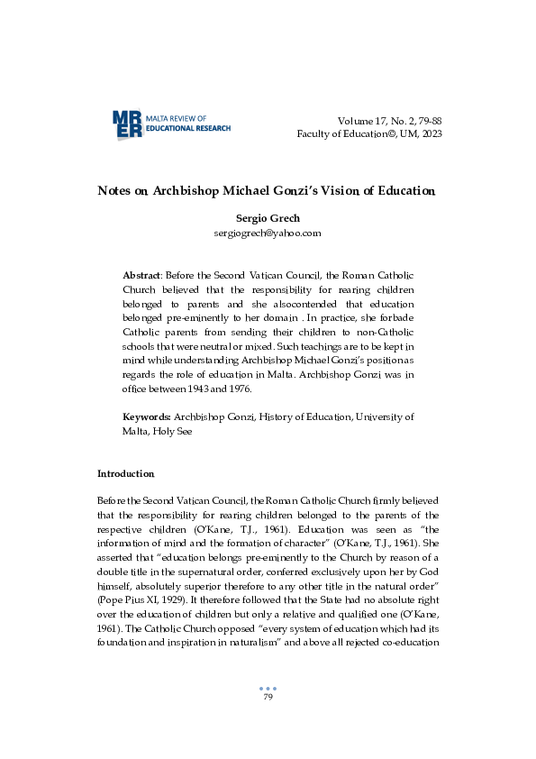 (PDF) Notes on Archbishop Michael Gonzi's Vision of Education