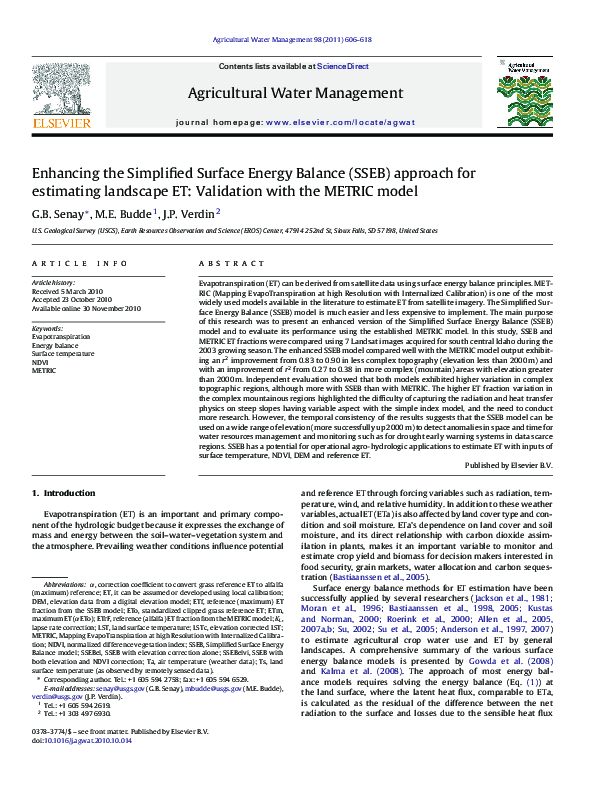 (PDF) Enhancing the Simplified Surface Energy Balance (SSEB) approach ...