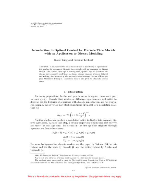(PDF) Introduction to optimal control for discrete time models with an application to disease ...