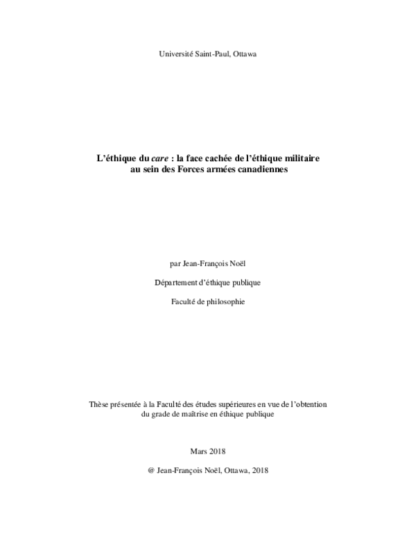 (PDF) L'éthique du care: la face cachée de l'éthique militaire au sein ...