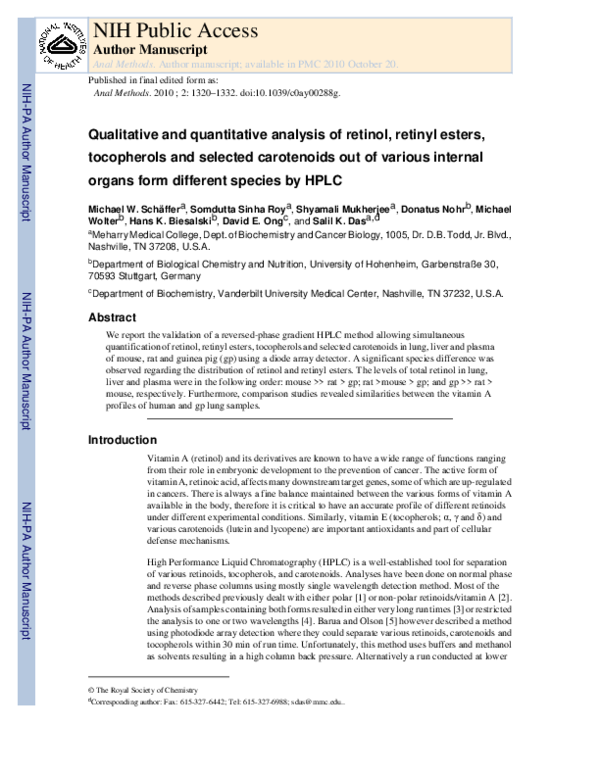 (PDF) Qualitative and quantitative analysis of retinol, retinyl esters, tocopherols and selected ...