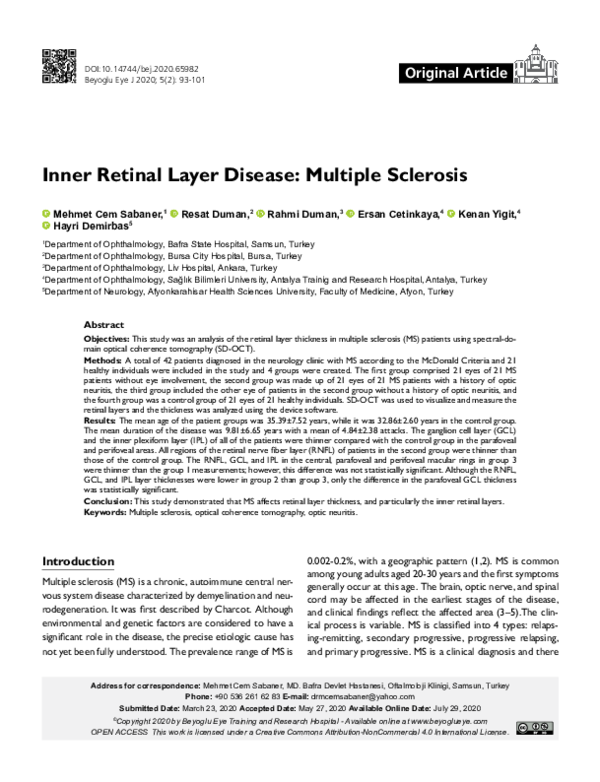 (PDF) Inner Retinal Layer Disease: Multiple Sclerosis