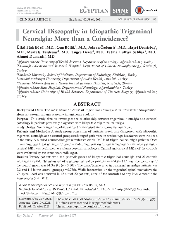 (PDF) Cervical Discopathy in Idiopathic Trigeminal Neuralgia: More than ...