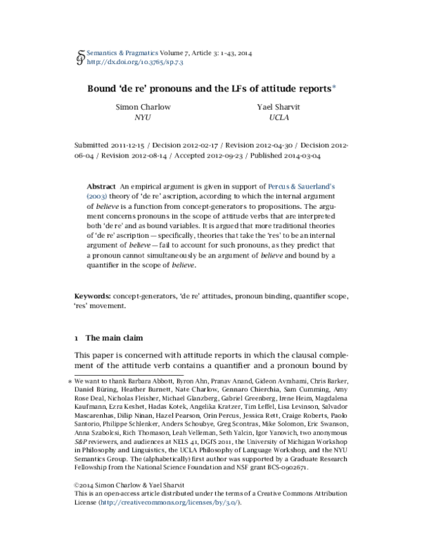 (PDF) Bound 'de re' pronouns and the LFs of attitude reports