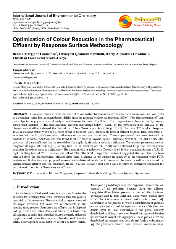 (PDF) Optimization of Colour Reduction in the Pharmaceutical Effluent ...