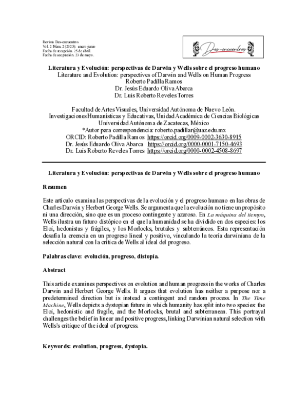 (PDF) Literatura y Evolución: perspectivas de Darwin y Wells sobre el progreso humano Literature ...