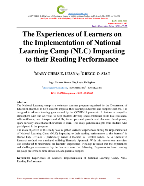 (PDF) The Experiences of Learners on the Implementation of National ...