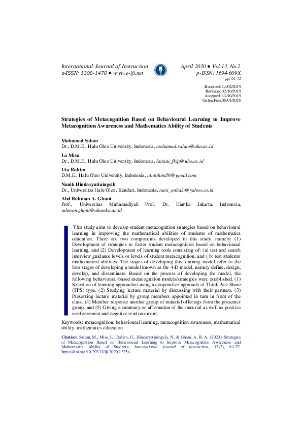 (PDF) Strategies of Metacognition Based on Behavioural Learning to Improve Metacognition ...
