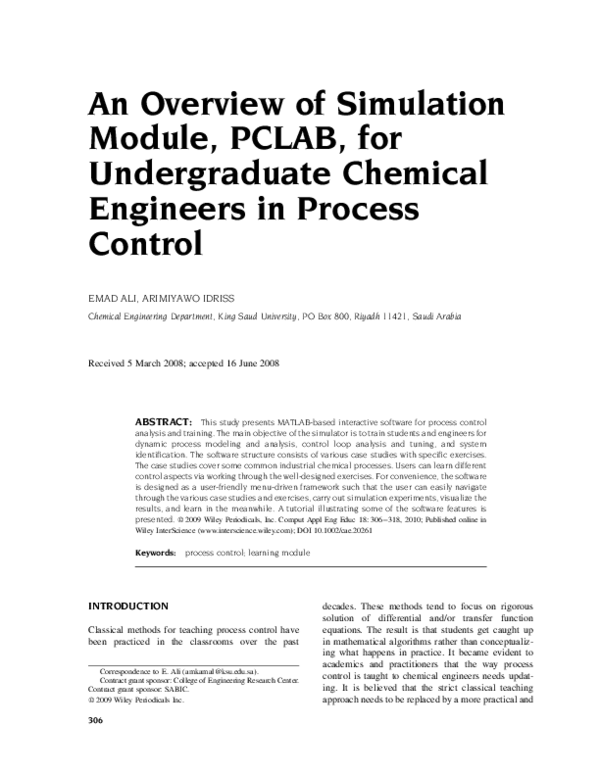 (PDF) An overview of simulation module, PCLAB, for undergraduate chemical engineers in process ...