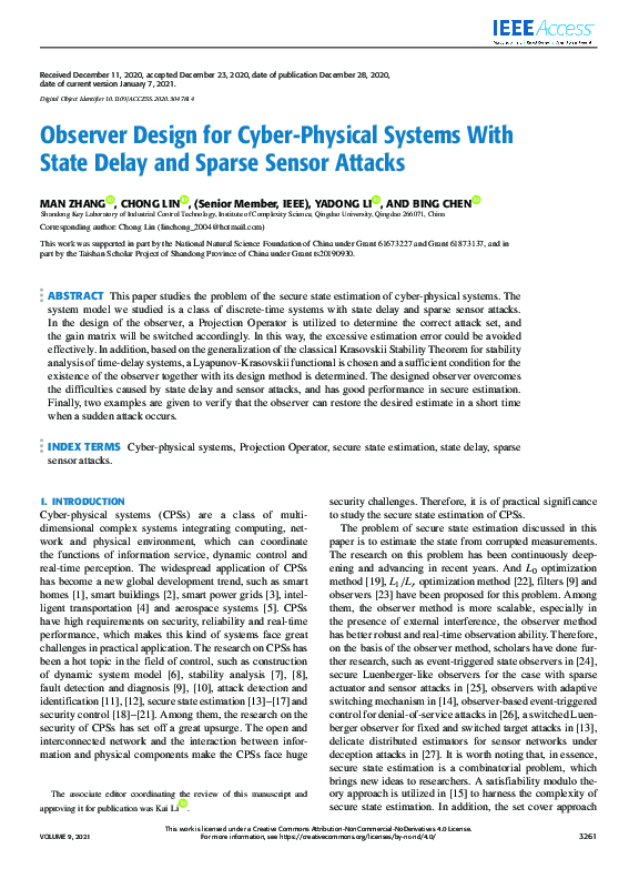 (PDF) Observer Design for Cyber-Physical Systems With State Delay and Sparse Sensor Attacks