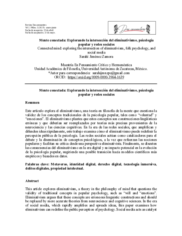(PDF) Mente conectada: Explorando la intersección del eliminativismo, psicología popular y redes ...