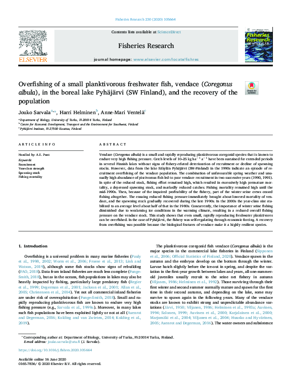 (PDF) Overfishing of a small planktivorous freshwater fish, vendace ...