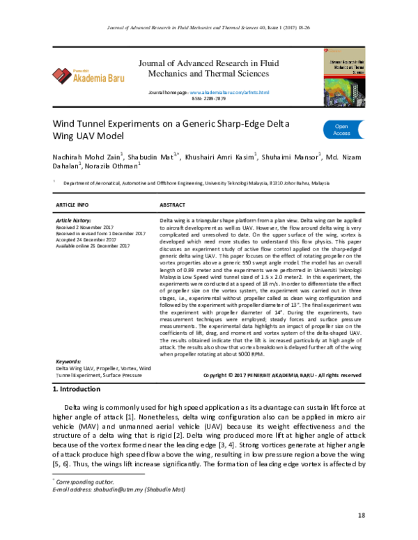 (PDF) Wind tunnel experiments on a generic sharp-edge delta wing UAV model
