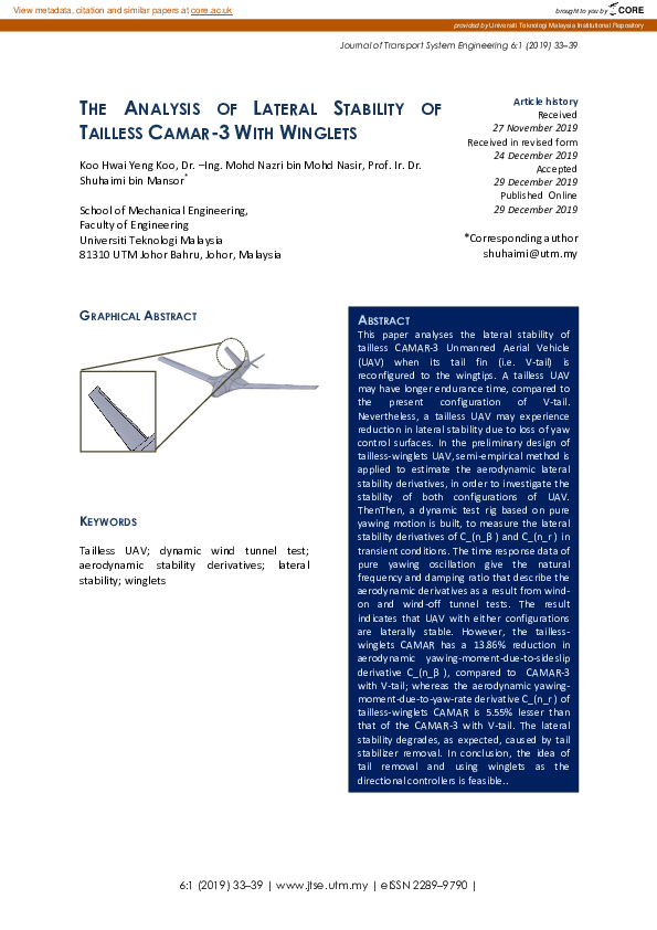 (PDF) The Analysis of Lateral Stability of Tailless Camar-3 With Winglets