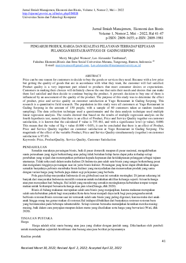 (PDF) Pengaruh Produk, Harga Dan Kualitas Pelayanan Terhadap Kepuasan Pelanggan Restaurantyugo ...