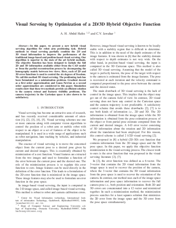 (PDF) Visual Servoing by Optimization of a 2D/3D Hybrid Objective Function