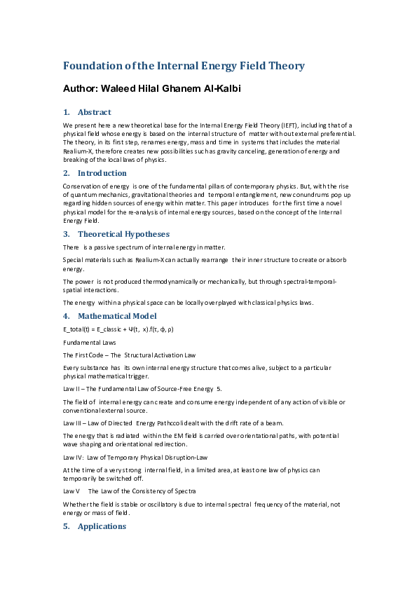 (PDF) Foundation of the Internal Energy Field Theory