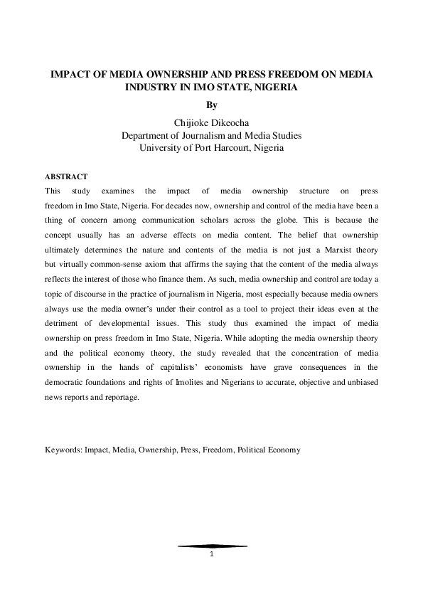 (PDF) IMPACT OF MEDIA OWNERSHIP AND PRESS FREEDOM ON MEDIA INDUSTRY IN ...