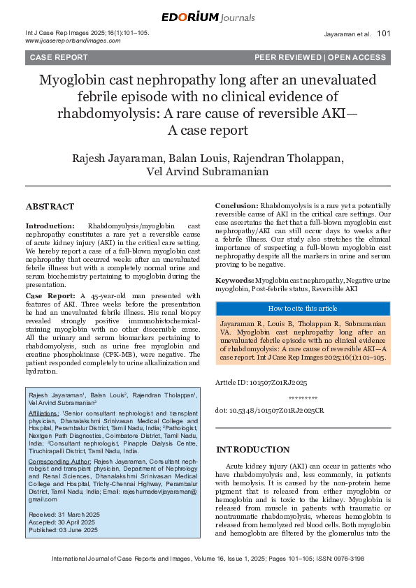 (PDF) Myoglobin cast nephropathy long after an unevaluated febrile ...