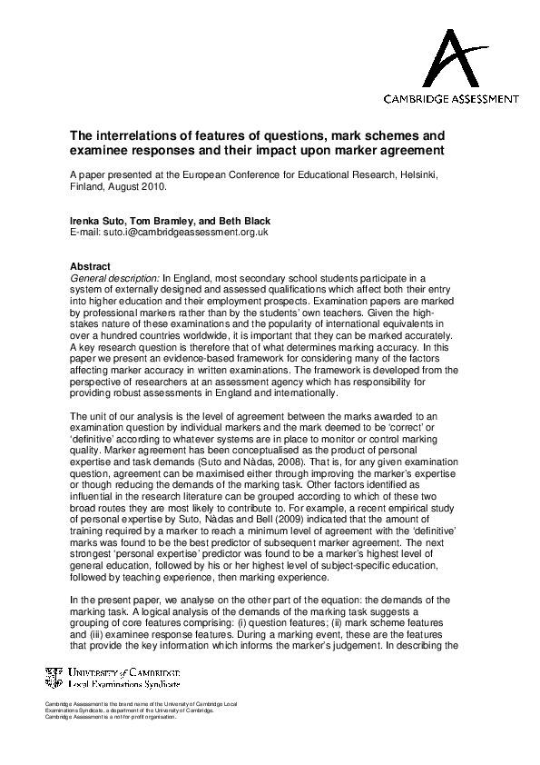 (PDF) The interrelations of features of questions, mark schemes and ...