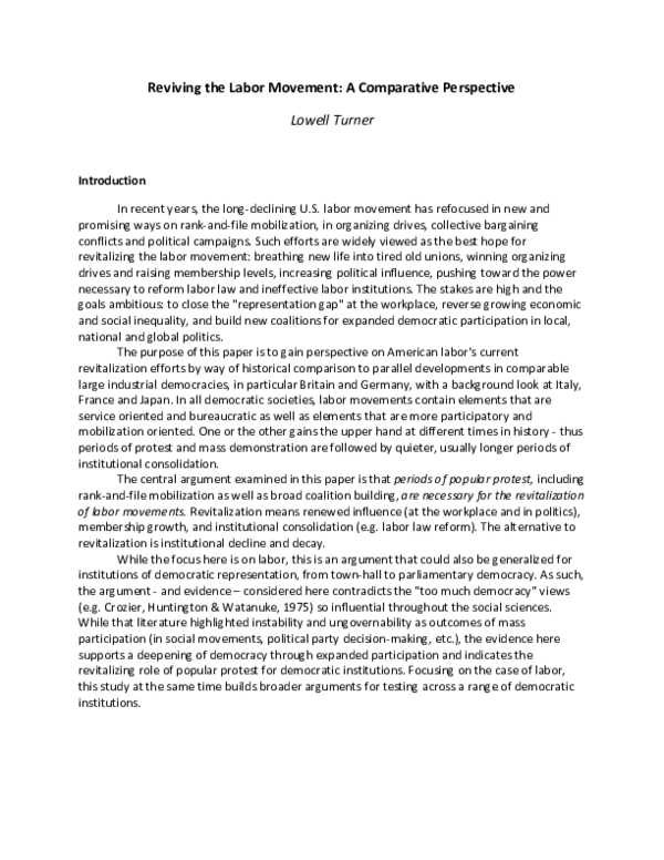 (PDF) Reviving the Labor Movement: A Comparative Perspective