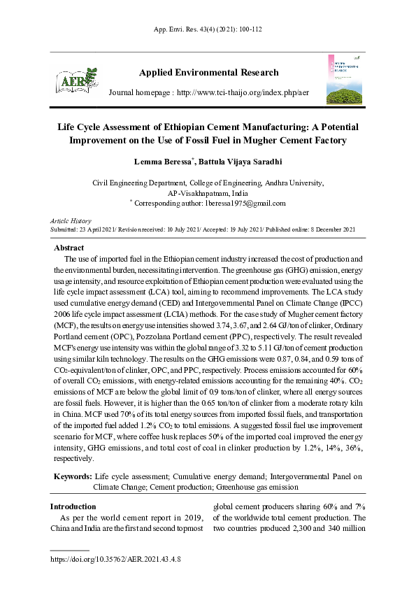 (PDF) Life Cycle Assessment of Ethiopian Cement Manufacturing: A ...