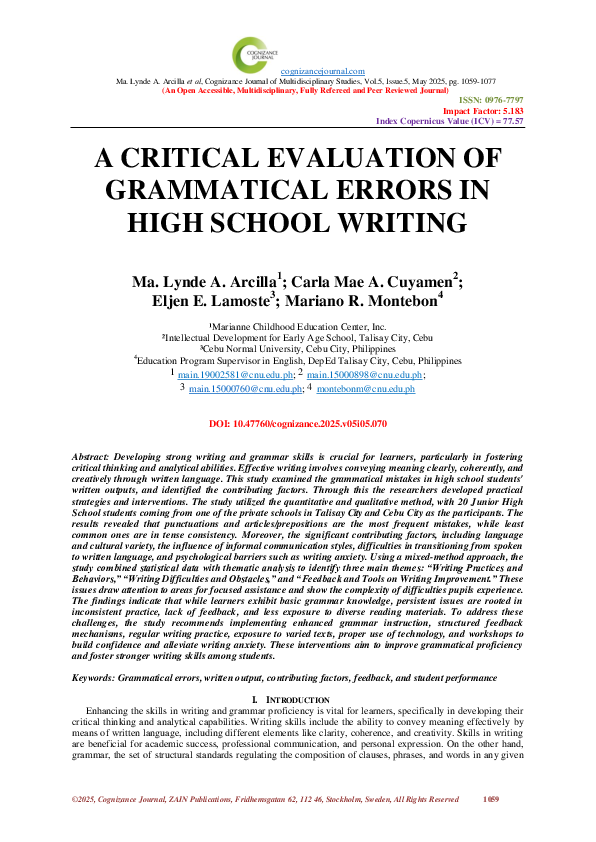 (PDF) A CRITICAL EVALUATION OF GRAMMATICAL ERRORS IN HIGH SCHOOL WRITING
