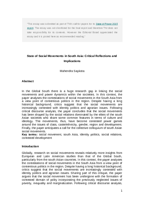 (PDF) State of Social Movements in South Asia: Critical Reflections and ...