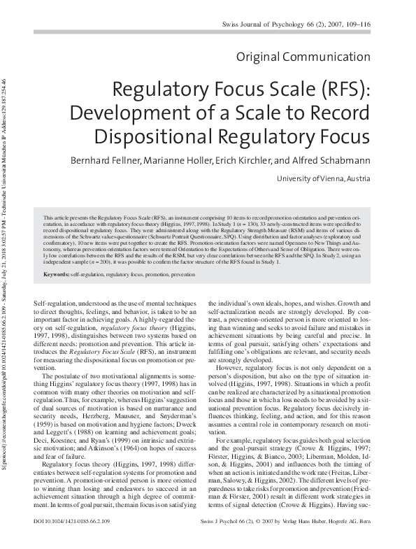 (PDF) Regulatory Focus Scale (RFS): Development of a Scale to Record ...