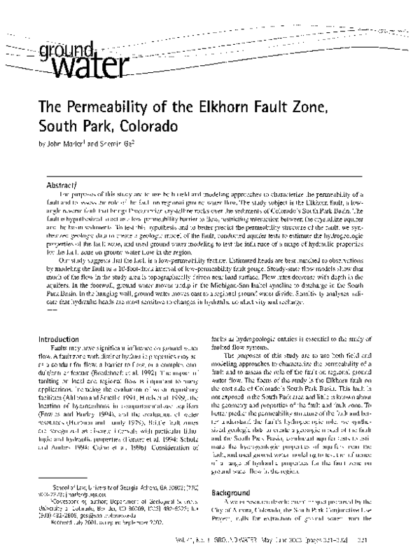 (PDF) The Permeability of the Elkhorn Fault Zone, South Park, Colorado