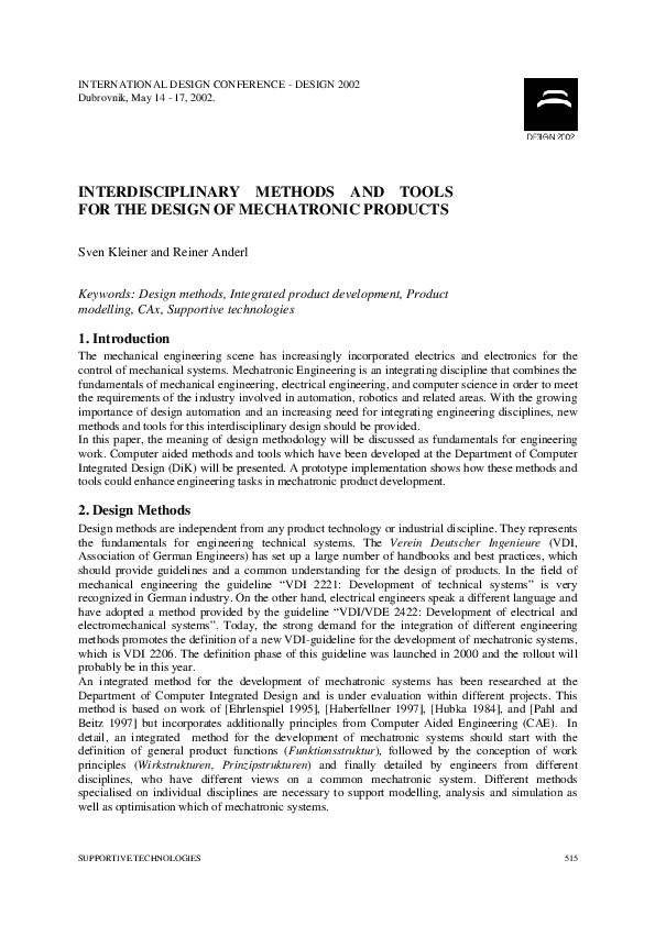 (PDF) Interdisciplinary Methods and Tools for the Design of Mechatronic Products