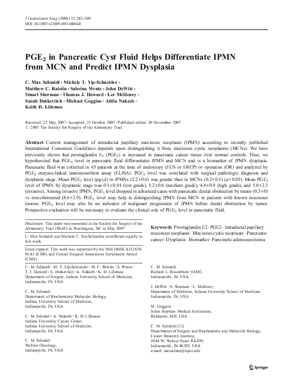 (PDF) PGE2 in Pancreatic Cyst Fluid Helps Differentiate IPMN from MCN and Predict IPMN Dysplasia