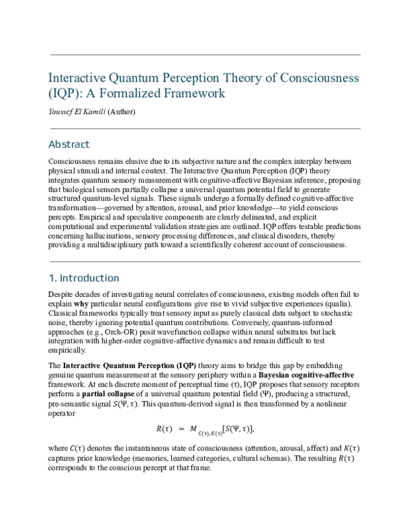 (PDF) Interactive Quantum Perception Theory of Consciousness (IQP): A ...