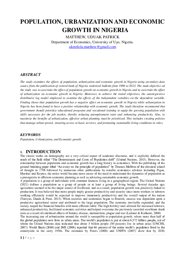 (PDF) POPULATION, URBANIZATION AND ECONOMIC GROWTH IN NIGERIA