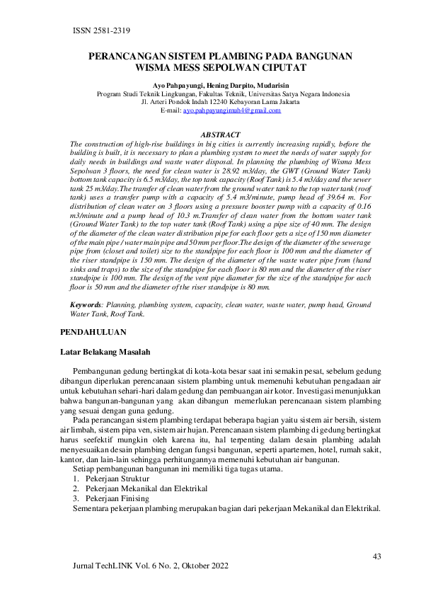(PDF) Perancangan Sistem Plambing Pada Bangunan Wisma Mess Sepolwan Ciputat