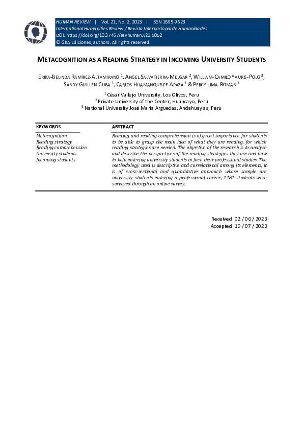 (PDF) Metacognition as a Reading Strategy in Incoming University Students