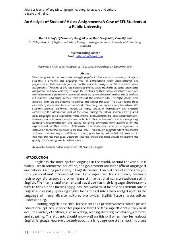 (PDF) An Analysis of Students' Video Assignments: A Case of EFL Students at a Public University