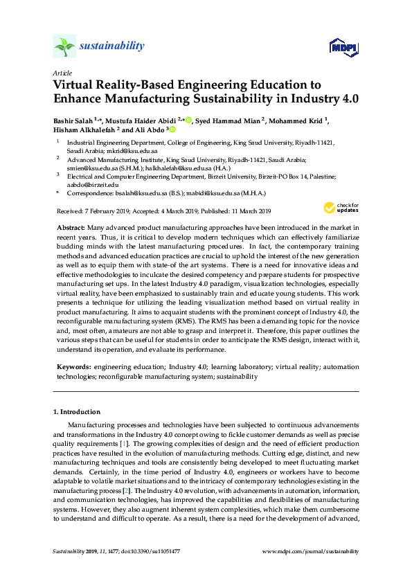 (PDF) Virtual Reality-Based Engineering Education to Enhance Manufacturing Sustainability in ...