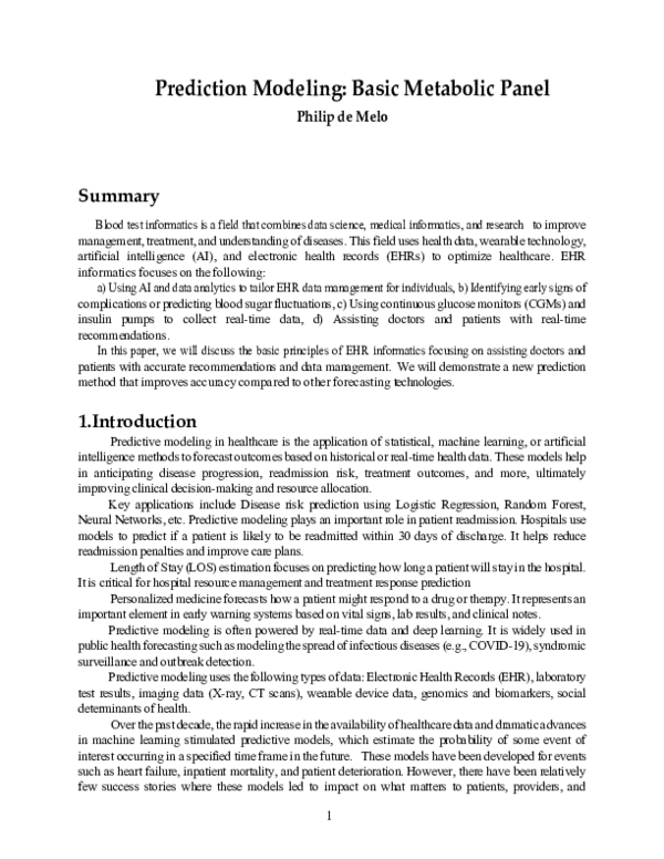 (PDF) Prediction Modeling: Basic Metabolic Panel